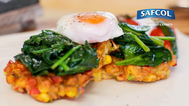 Corn tuna fritter stack with poached eggs and spinach - Safcol