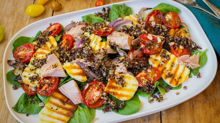 Warm crispy quinoa roast tomato tuna halloumi salad - Safcol